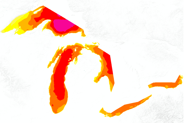 Annual average offshore wind speed (m/s) in the U.S. Great Lakes, 90 ...