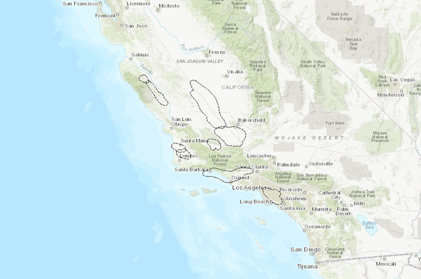 Potential Source Rock (shale) in the Monterey Formation with 5km buffer ...