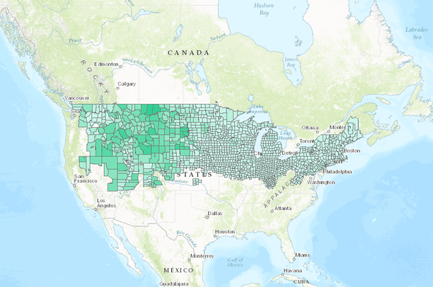 Area of Conserved Grass by County in the US Bobolink Breeding Range ...