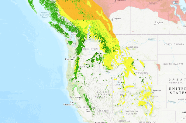Ranges/overlaps of Engelmann Spruce, White Spruce, MountainHemlock | Data Basin