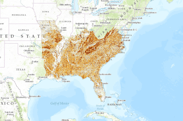 Total Basal Area for all tree species - Southeastern USA in square ft ...