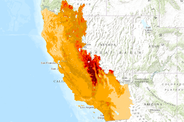 Projected change in Climatic Water Deficit in CA from 1981-2010 to 2070 ...